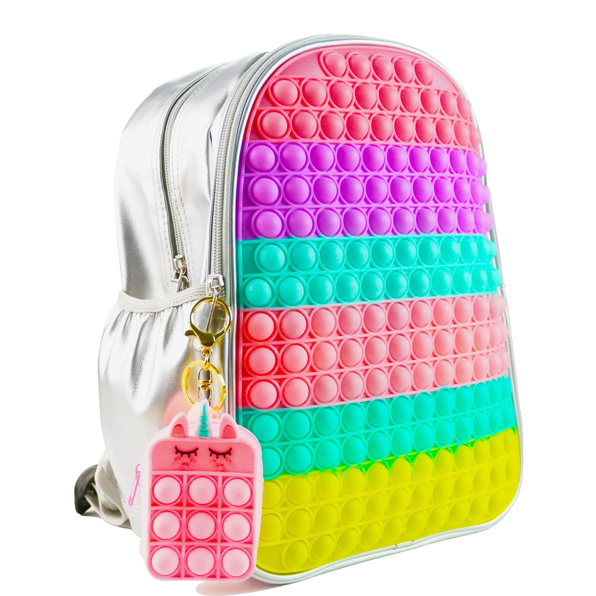 ReignSword Pop it Backpack for Boys & Girls with Pop it Purse, Mini Toddler Backpack, Small Fidget Toys Pop Purse for Kids Gift, Macaroon Silver, 12(L) x 4.5(W) x 16(H) inches