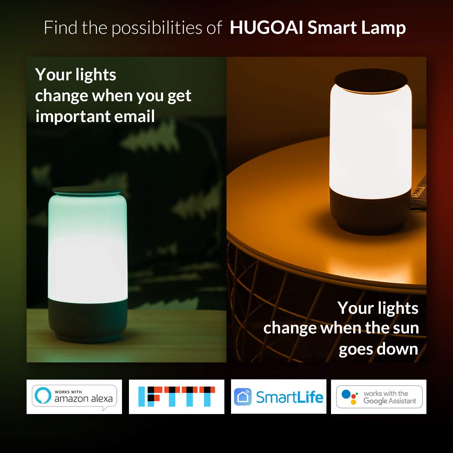 HUGOAI Smart Table Lamp, Dimmable RGBW Bedside Lamps for Bedroom, Works with Alexa and Google Home, LED Nightstand Lamp, No Hub Required, Grey【2022 Updated Version】