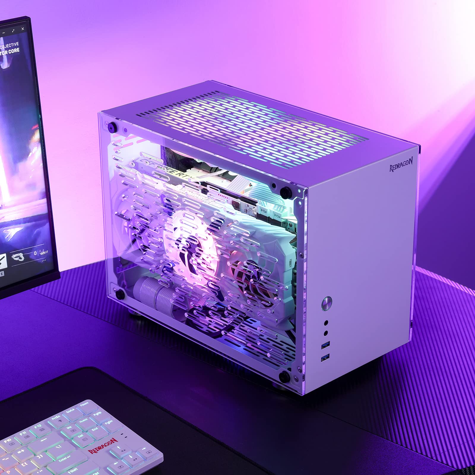 Redragon EB211 Mini-ITX Gaming PC Case, Small Form Factor Computer Chassis w/Vented Honeycomb Acrylic Transparent Panels, Triple-Slot GPU and 360 Degree Accessibility, White
