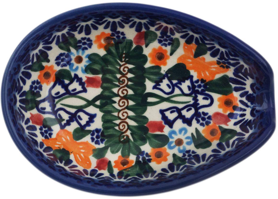 Polish Pottery 5-inch Spoon Rest (Double White Flower Theme) Signature UNIKAT + Certificate of Authenticity