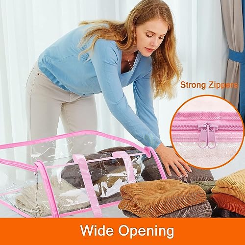 Vieshful 3 Pack Clear Clothes Storage Bag, 40L Zippered Closet Organizer, Plastic Storage Containers Moving bags for Comforter, Blanket, Bedding, Duvet, Toys (Blue)