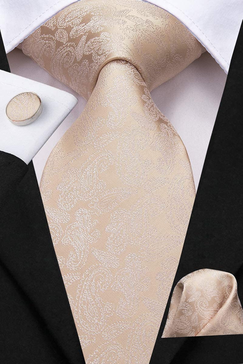 Hi-Tie Champagne Khaki Tie Paisley Silk Mens Neckties with Pocket Square Cufflinks for Wedding Business Party