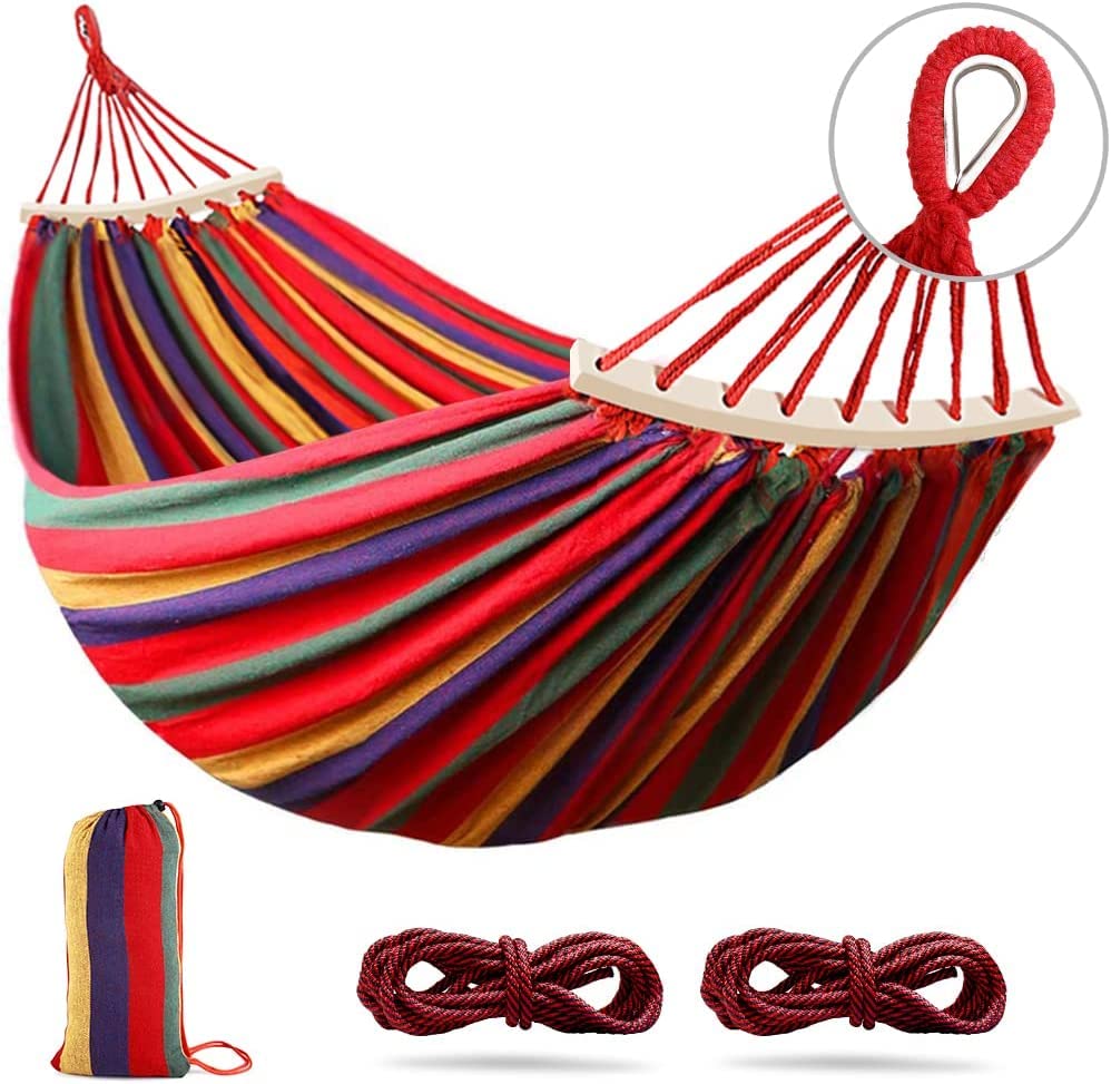 Outerman 275 x 155 cm Camping Hammock, Hammocks Thickened Durable Canvas Fabric with 550lb Load Capacity, Two Anti Roll Balance Beam and Sturdy Metal Knot Tree Straps for Travel, Beach, Backyard etc.