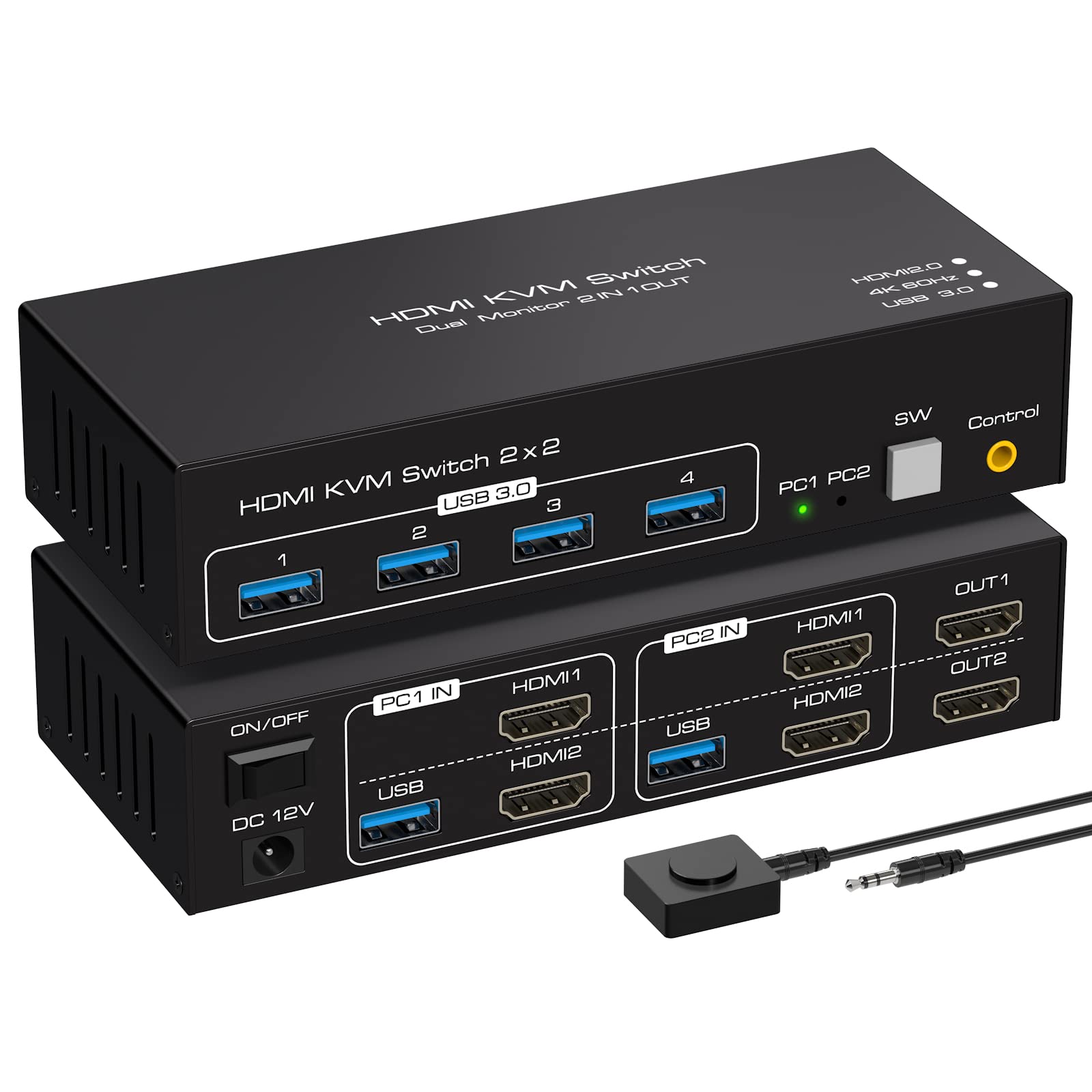 USB 3.0 HDMI KVM Switch 2 PC 1 Monitor Support 4K@60Hz KVM Switches for 2 Computers Share Single Monitor and 4 USB Devices Such as Keyboard Mouse Printer. 12V/1A DC Adapter and Wired Controller Includ