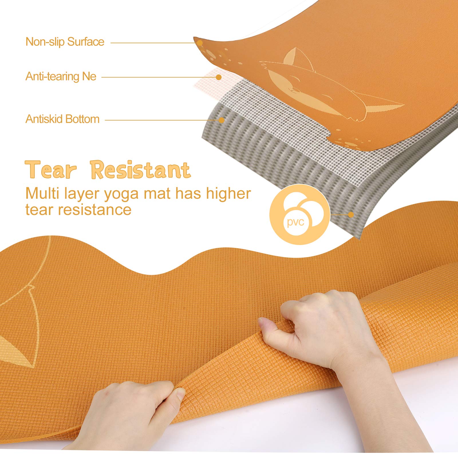 Kids Yoga Mat for Toddlers with Unique Fox Design Exercise and Playtime for Babies and Young children(60" L x 24" W x 3mm Thick) (FOX2)