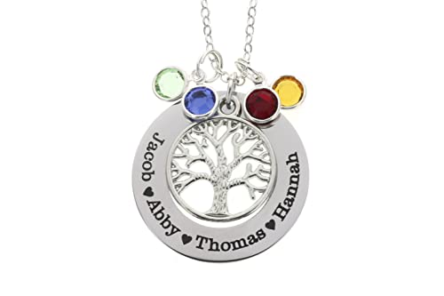 Silver Family Tree Necklace - Personalized Engraved Childrens Names, Choose Birthstone Crystals, Grandma Christmas Gift - 32MM Washer - DGR-32W