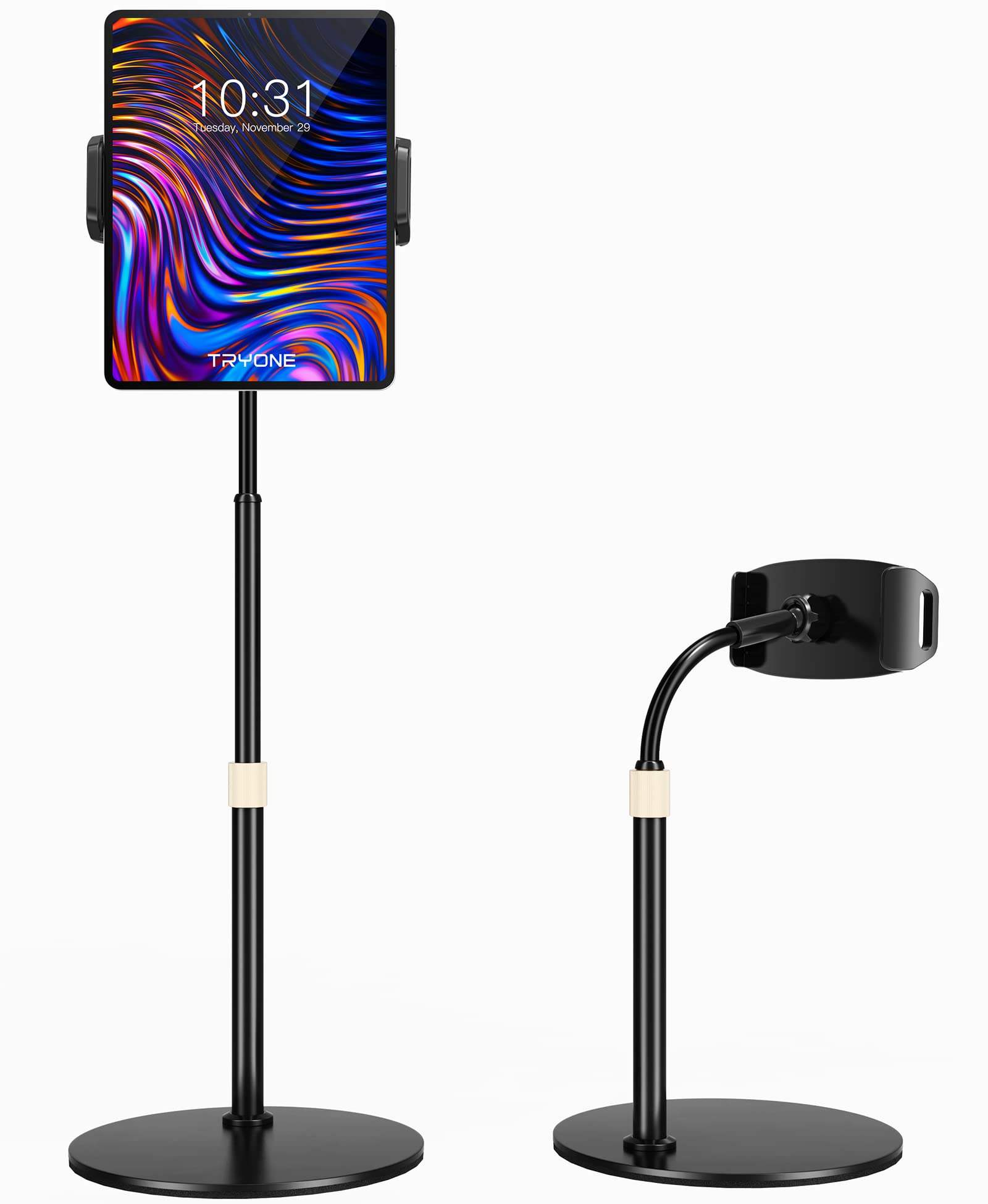 Tryone Adjustable iPad Stand, 360 Degree Rotation, Flexible Arm, Swivel, Hand Free, Compatible with 4.7 - 12.9 Inch Tablets and Cell Phones
