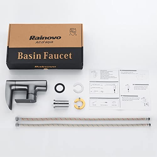 Rainovo Waterfall Bathroom Faucet, Bathroom Faucet with 360° Swivel Waterfall Spout, Single Handle Bathroom Faucet 1 Hole, Single Hole RV Basin Vessel Vanity Faucet, Grey