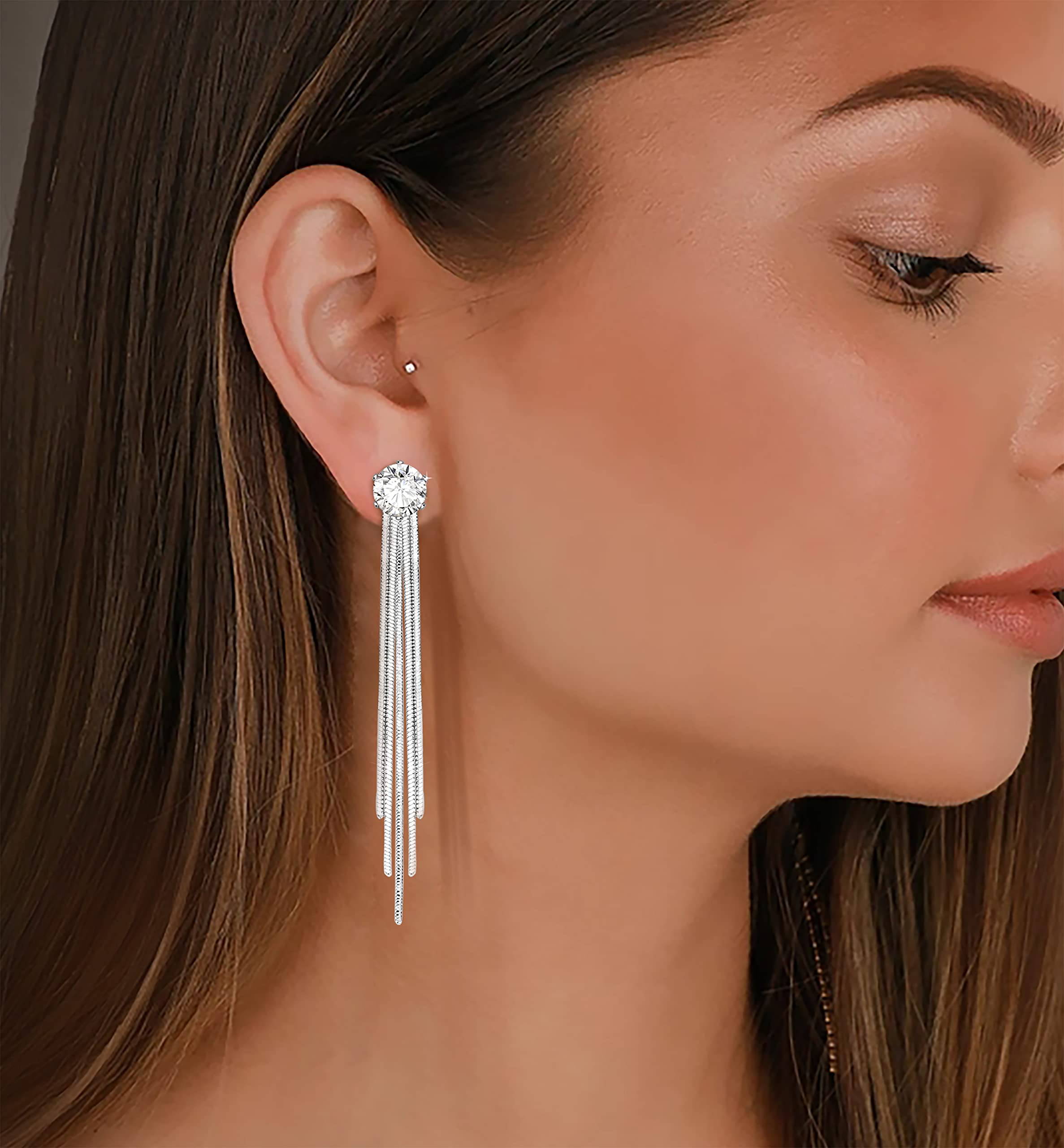 KristLand - S925 Silver/Alloy Hook Sleek Chain Tassel Drop Earrings Long Crystal Fringe Dangle Simple Dainty Earrings Tassel Earrings A Zircon Silver