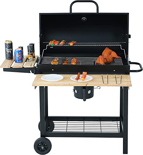 SUNCHIEF 613 Square Inches Heavy Duty Trolley Charcoal BBQ Grill Outdoor with Offset Smoker & Foldable Wooden Shelf
