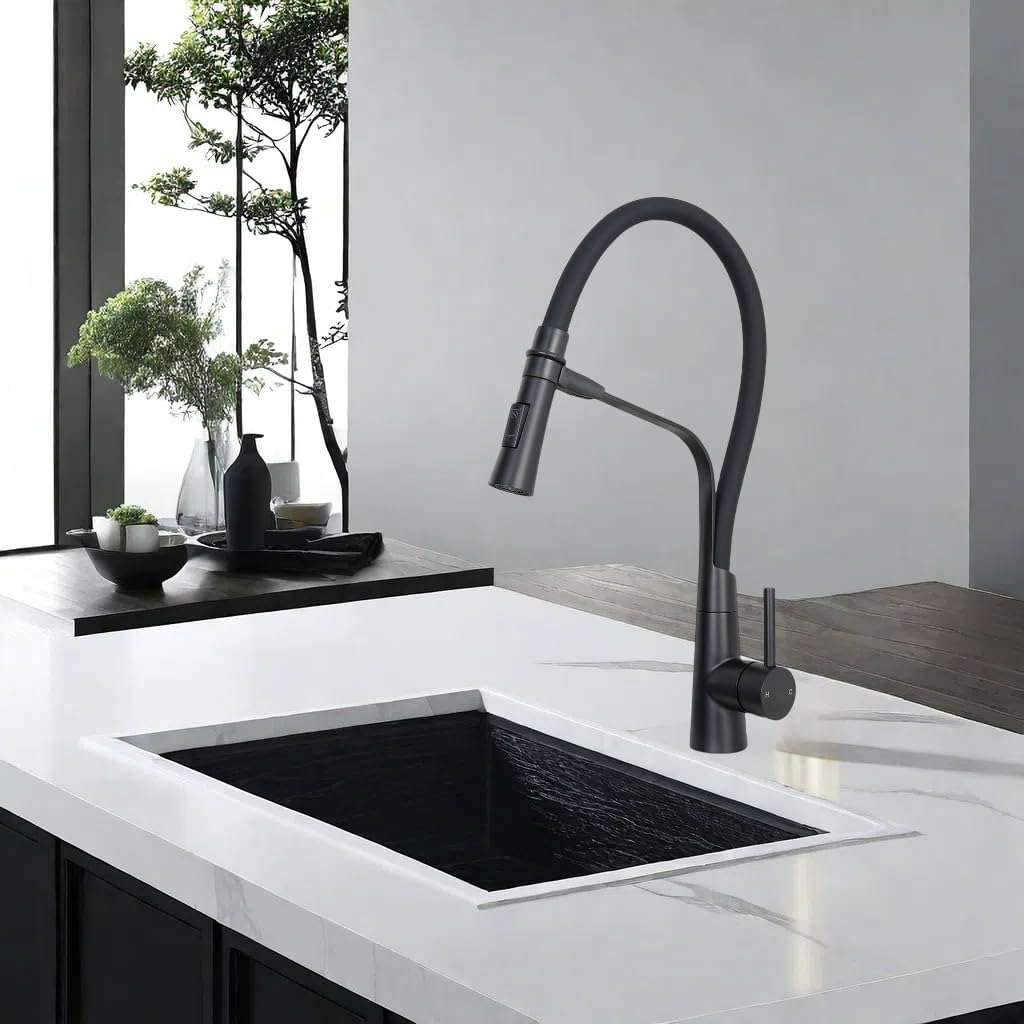 TRYWELL Kitchen Faucets with Side Sprayer Single Handle Pull Out Hose Magnetic Docking Faucet Stainless Steel Black Kitchen Sink Faucet Commercial Faucet (CW-118E-BK,Black)