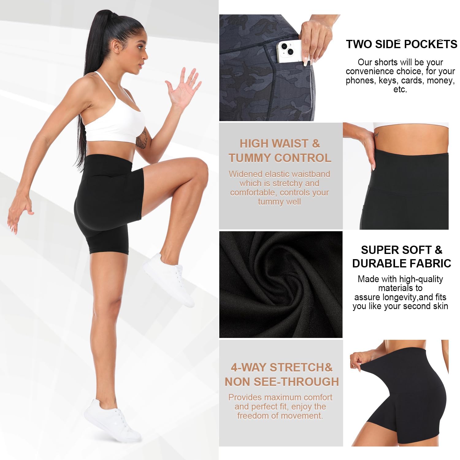 Hi Clasmix 2 Piece Workout Shorts for Women-5 Inch High Waist Pockets Buttery Soft Tummy Control Athletic Biker Gym Yoga Short Pants(2 Pack Black+Pink,Small-Medium)