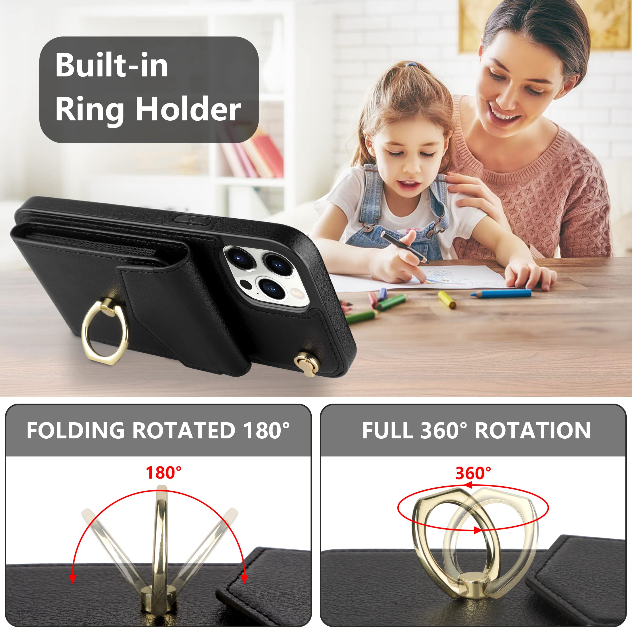 HianDier for iPhone 12 Pro MAX 6.7-inch Wallet Case with Bracelet Chain + Camera Lens Protector, with RFID Blocking Card Holder 360° Rotation Ring Stand Kickstand Protective PU Leather Cover, Black