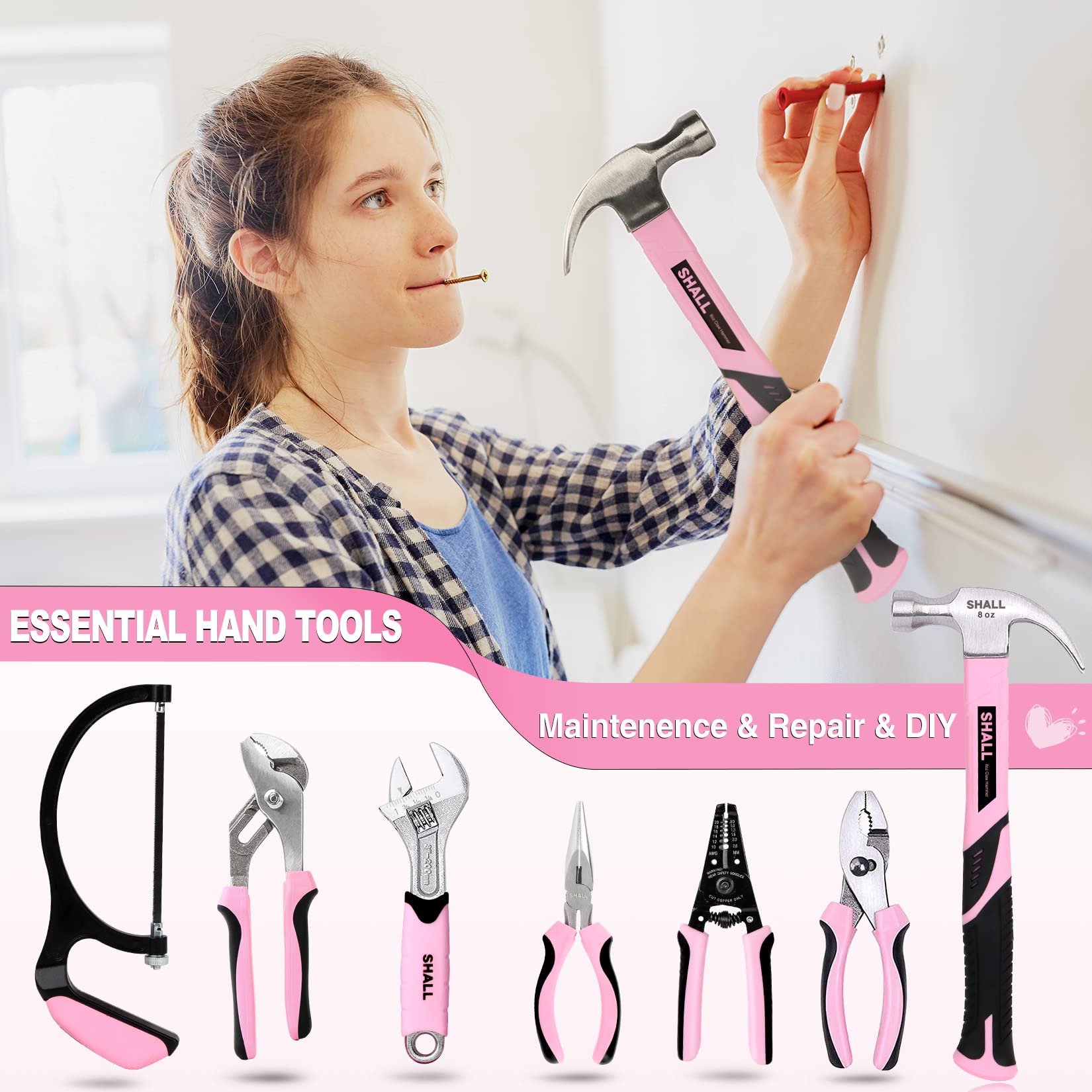 SHALL Pink Tool Set, 246-Piece Home Tool Kit for Women, Ladies Basic Tool kit for House with 14”Wide Mouth Open Tool Bag, General Household Hand Tool Set for Home Repair, Maintenance and Improvement