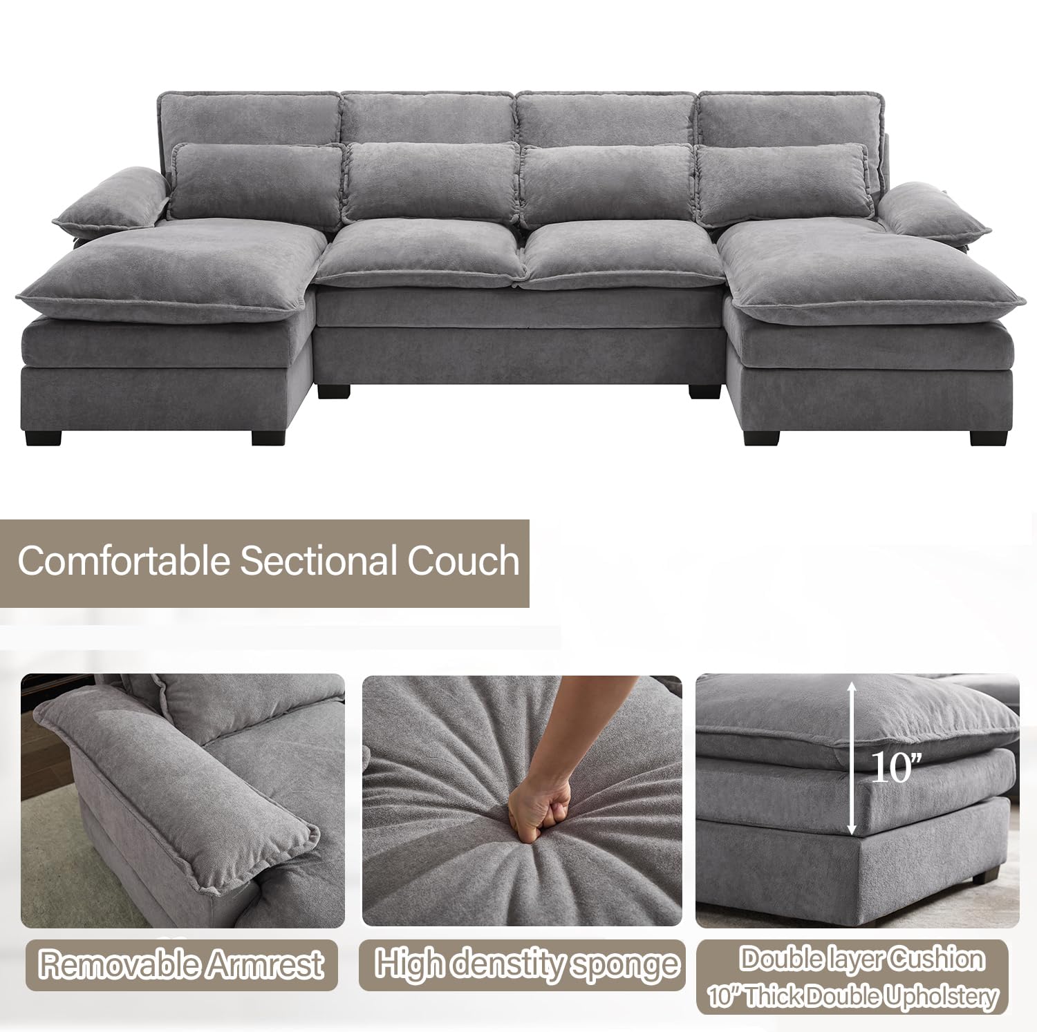 U Shape Upholstered Sectional Comfy Cloud Couch for Living Room, 111’’ Oversized Extra Deep 4 Seat Modular Sleeper Sofas with 2 Reversible Chaises for Spacious Space Bedroom,Gray