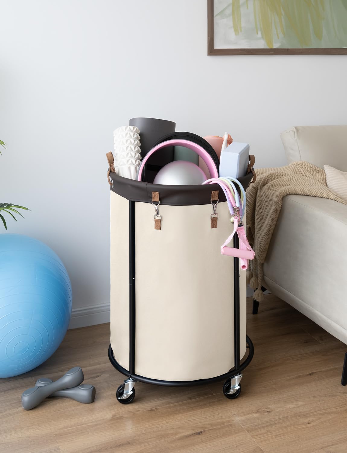 StorageWorks Laundry Basket with Wheels, 210L Extra Large Rolling Laundry Hamper, Round Laundry Cart with Steel Frame and Removable Bag, 4 Casters and 2 Brakes, Beige, 1-Pack