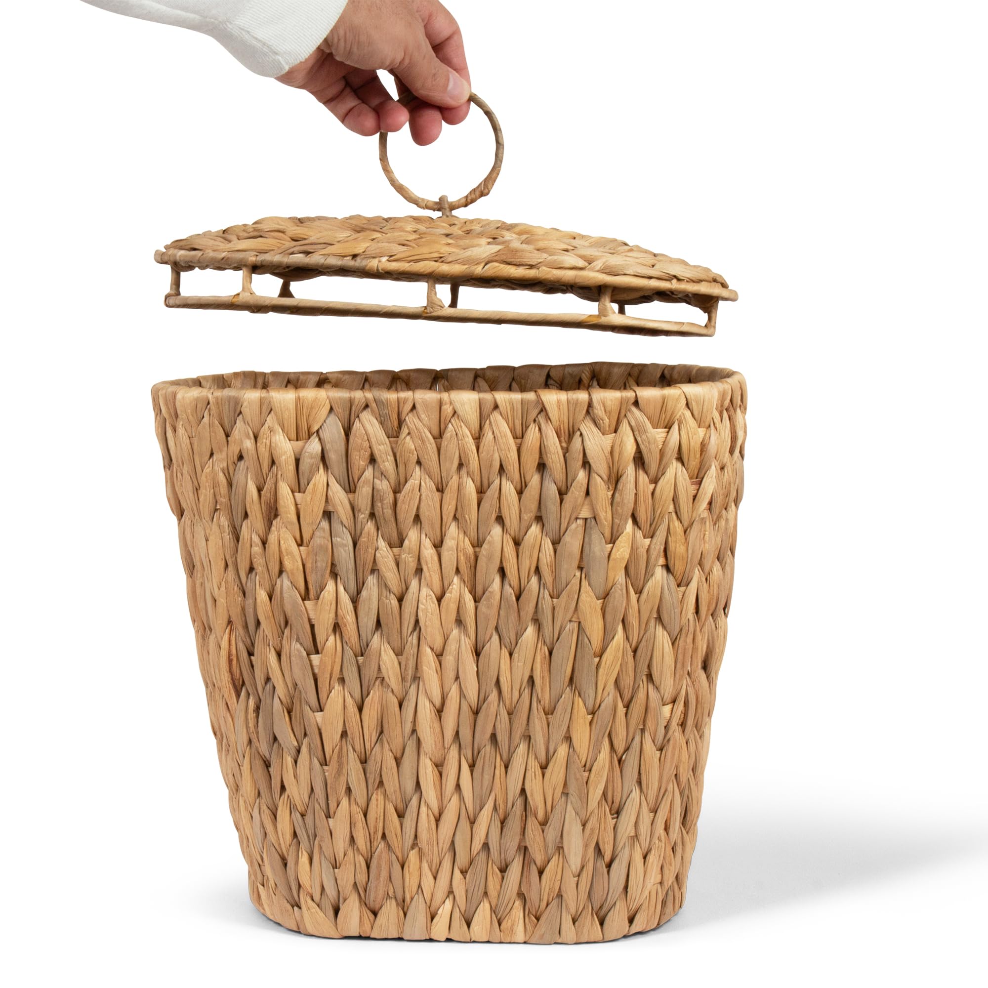 SNOWECRAFT 2-Pack Slim Wicker Basket with Lid β Small Waste Basket for Narrow Spaces | Rattan Decor - Handwoven Water Hyacinth Baskets and Covers | Covered Trash Can - Set of Two
