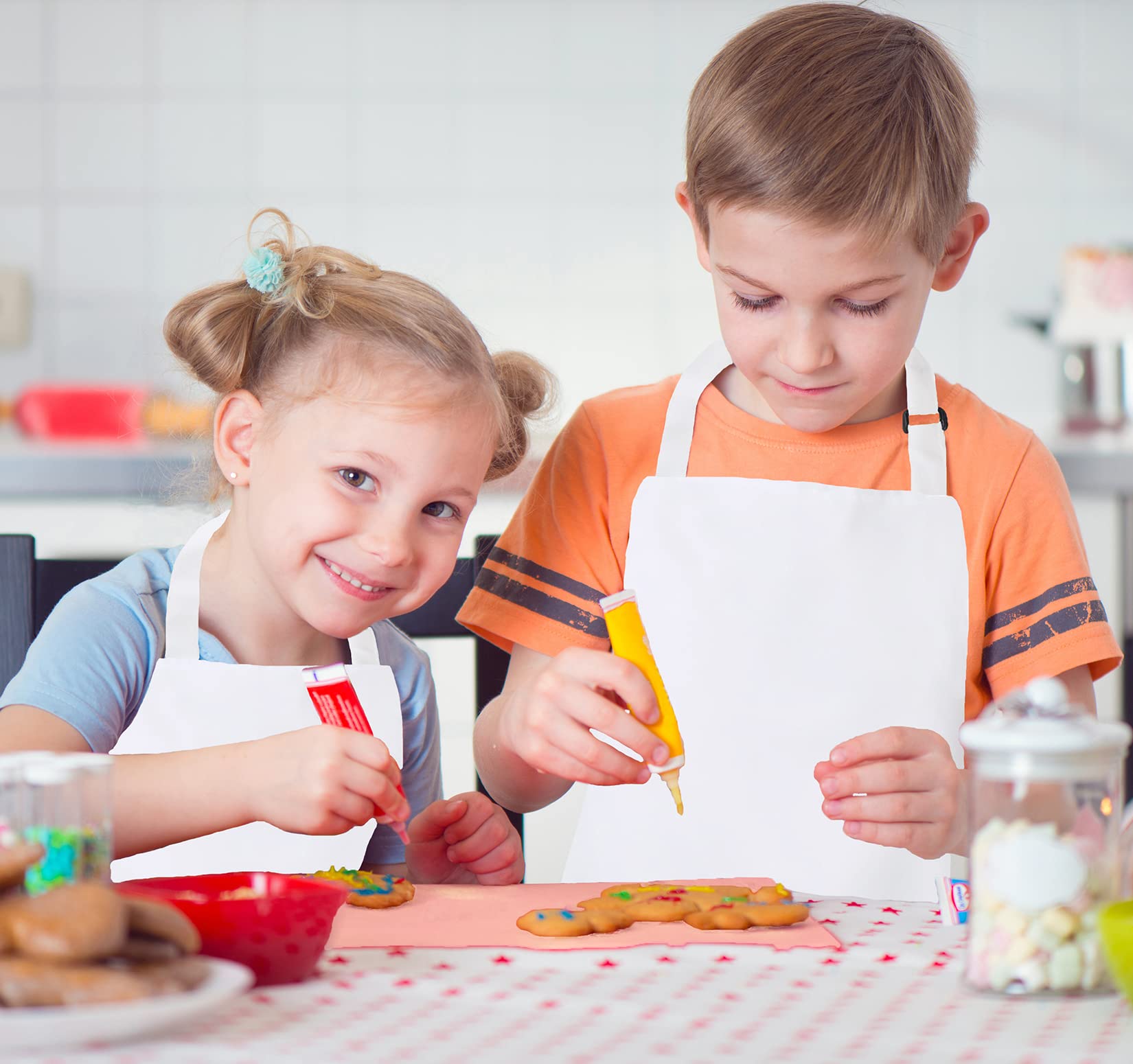 MissOwl 8 Pcs Waterproof Kids Apron with Pockets Chef Artists Child Bib Cooking Baking Painting for Boys and Girls White
