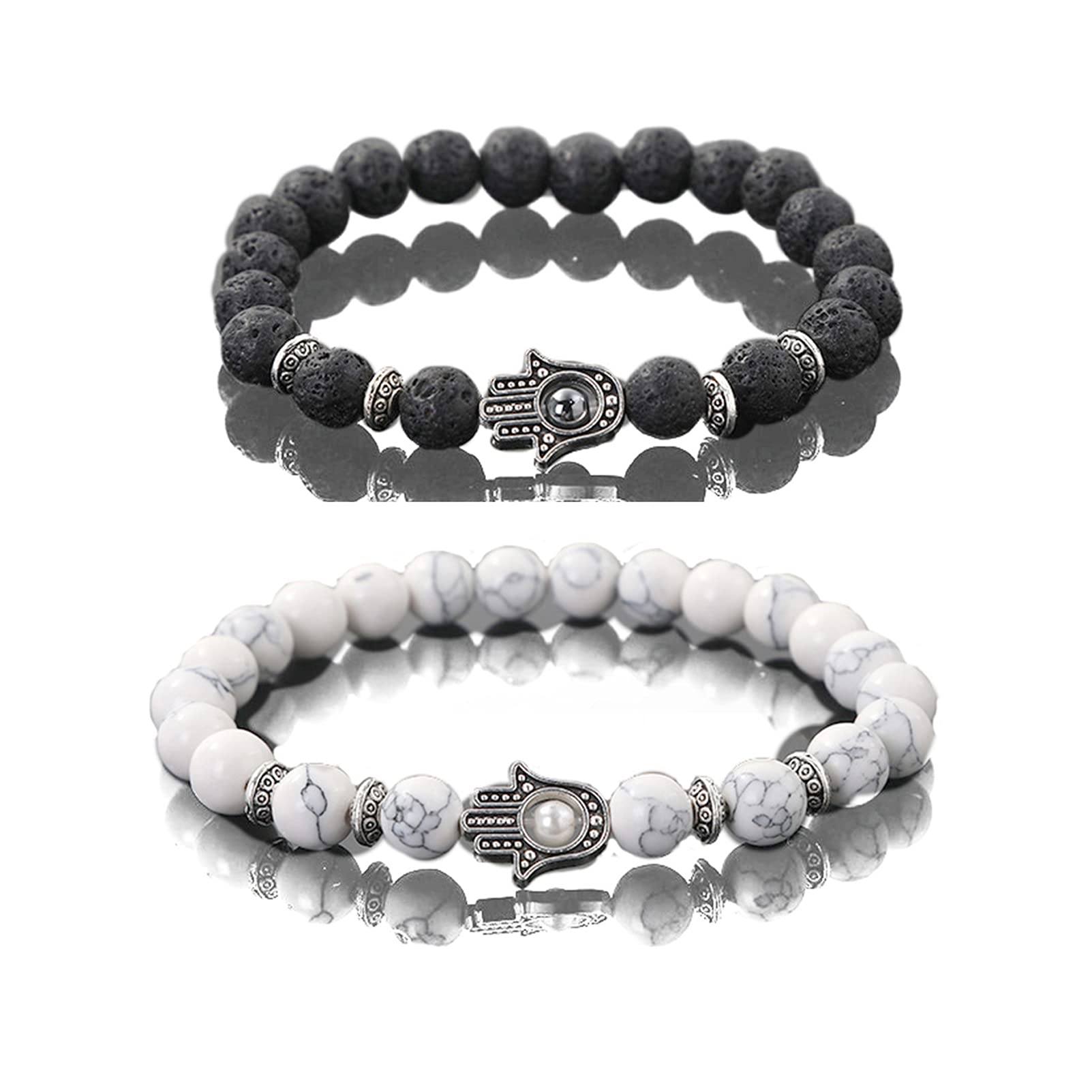 KIKILA 2Pcs Set Handmade Elastic 6mm Beads Hamsa Bracelet Natural Stone Evil Eye Hamsa Fatima Hand Charm Beaded Couples Bracelets Kabbalah Bracelet (Howlite +Lava)