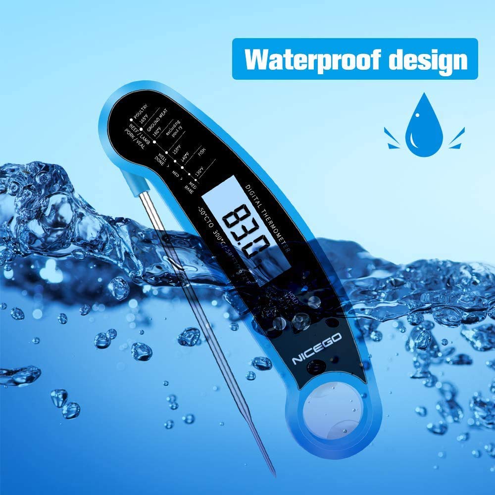 NiceGo Digital Instant Read Meat Thermometer with Probe Fast Waterproof Thermometer with Back Light and Calibration. Digital Food Thermometer for Cooking, Kitchen, Outdoor Cooking, BBQ Grill. (Blue)