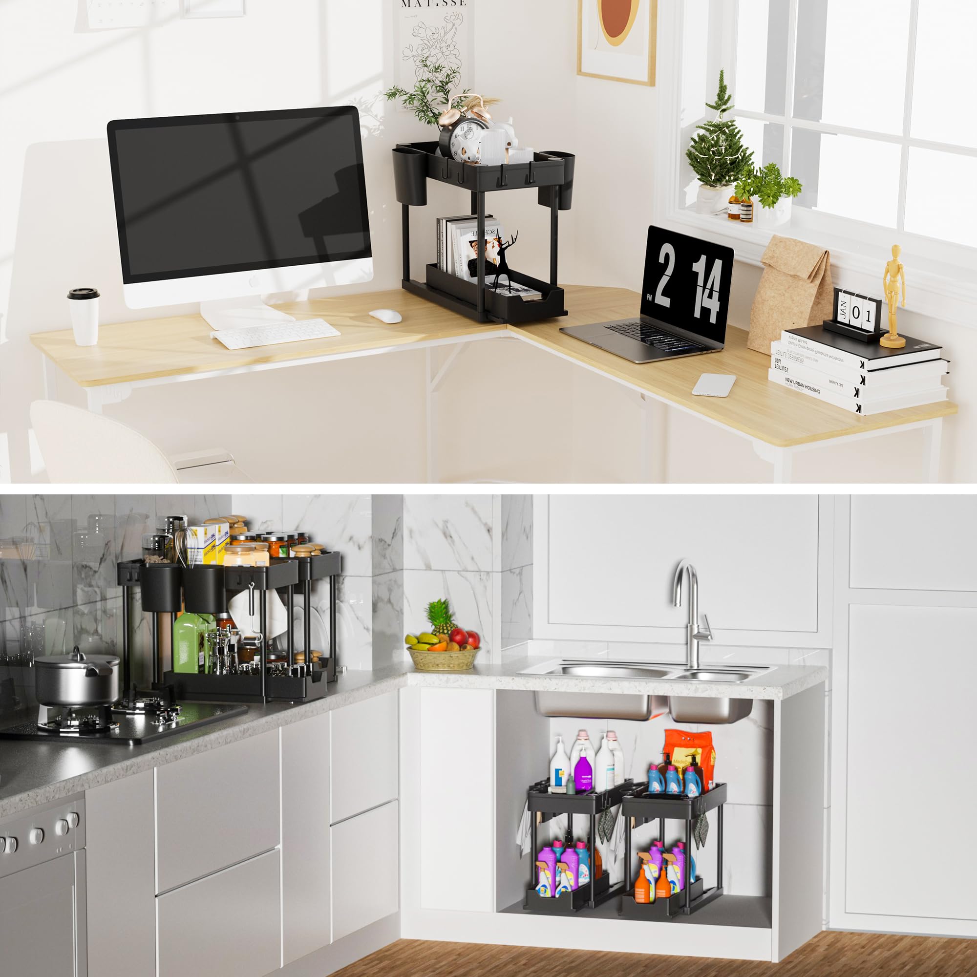 MadebyGNL Under Sink Organizer, Black, ABS Plastic, Slide-Out Basket, 2-Tier, 4 Hooks, 2 Cups, No Tools Required, Easy Setup, Damp Cloth Wipe, Wide Application, After Sales Service