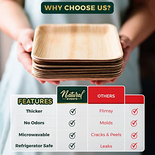 Natural Events 8" Premium Palm Leaf Plates - Disposable Party Set for Charcuterie Appetizers & Dinners, Heavy Duty Bamboo Wood, 100% Compostable, Biodegradable & Eco-Friendly (8 Inch Square, 50 Pack)