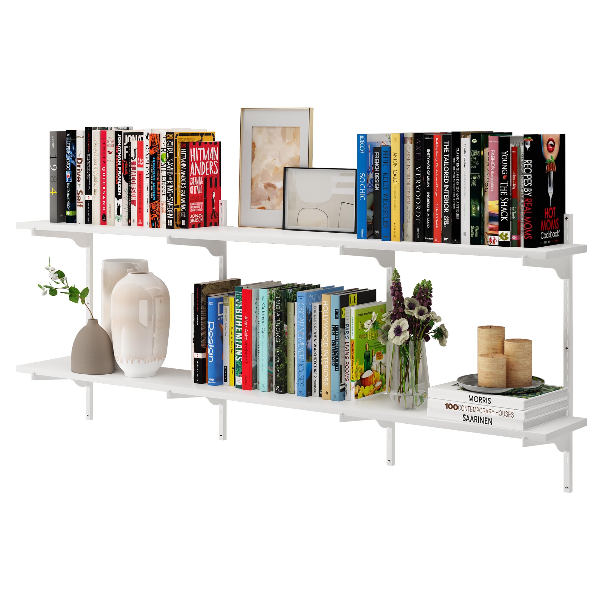 Wallniture Turin 60 inch x8 in Floating Shelves for Wall Decor, Floating Shelf System, Wall Book Shelf for Living Room, Wall Shelves with Adjustable Standard Rail Bracket System, White, Wood