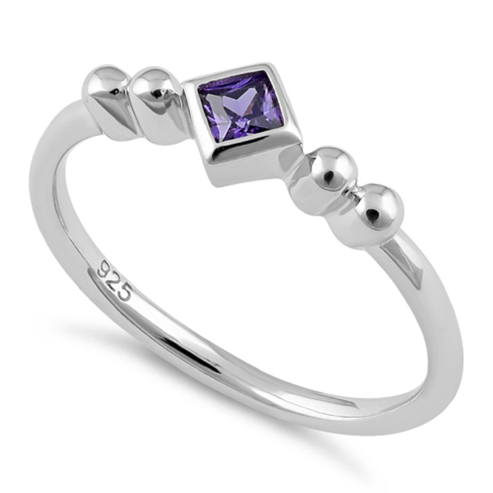 Heartbeat Sterling Silver Geometric Diagonal Polygon 8 Color Princess-Cut Collection Ring - (Size 3-11) (Amethyst CZ FEB.Birthstone, 7)