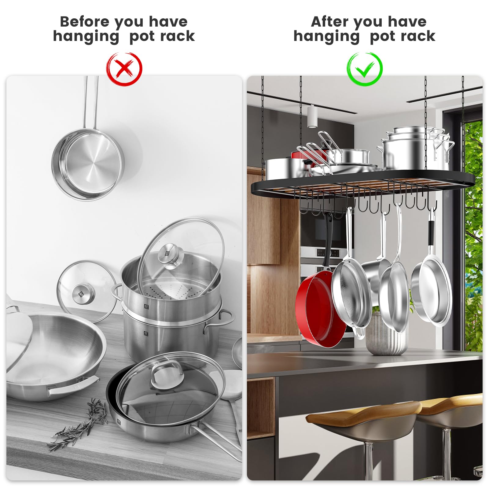 LiebeRen Pot Rack Hanging, Pot Hanger for Kitchen Ceiling, Hanging Pot Rack Ceiling Mount(33"x 16.5"x 1.2"inches, Ceiling Pot Rack with 12 Hooks, Pot and Pan Hanger Made of Wood and Iron.(Black)