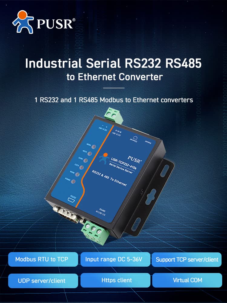 PUSR RS232 RS485 Modbus RTU to Modbus TCP Gateway Serial to Ethernet Converter USR-TCP232-410s