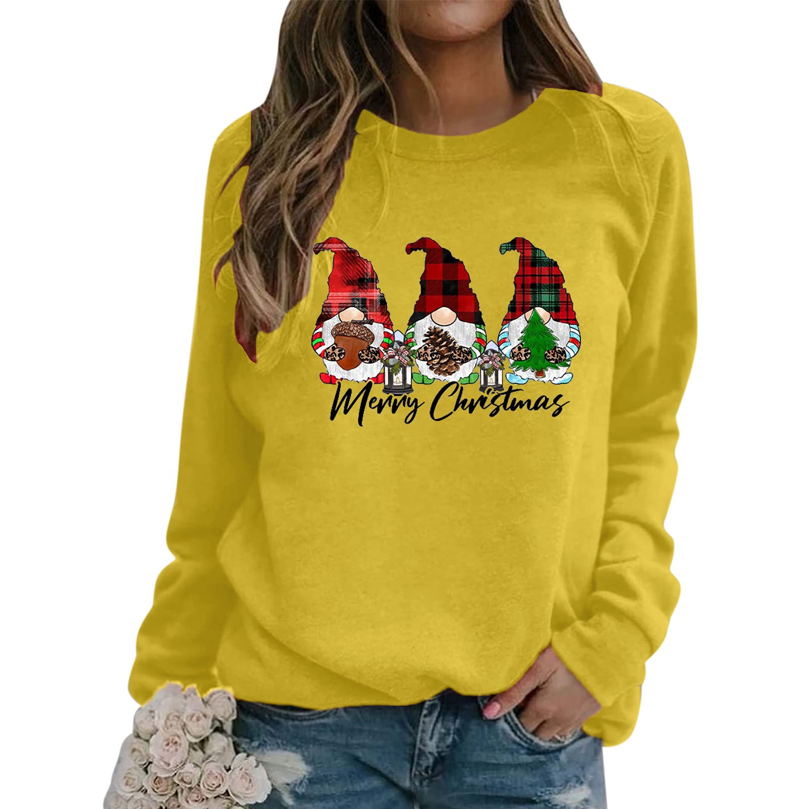 Sweatshirt For Women Graphic Round Neck Pullover Shirts Long Sleeve Sweatshirts Drop Shoulder Pullover Teen Clothes Yellow
