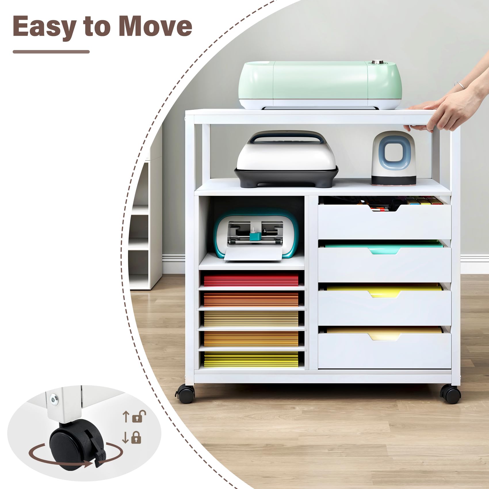 TC-HOMENY Craft Organizer Storage Cart, Rolling Cart Organizer, Vinyl Roll Holder and Cutting Machine Storage Cabinet, Craft Cart with Drawers for Craft Room Organizer 32" W x 16" D x 34" H