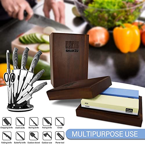 Sharpening Stone Set with Wood Storage Box, SHAN ZU Whetstone Dual Grit 400/1000 & 3000/8000 Knife Sharpener Stone Includes Non-Slip Rubber Strip & Flattening Stone & Angle Guide & Leather Razor Strop