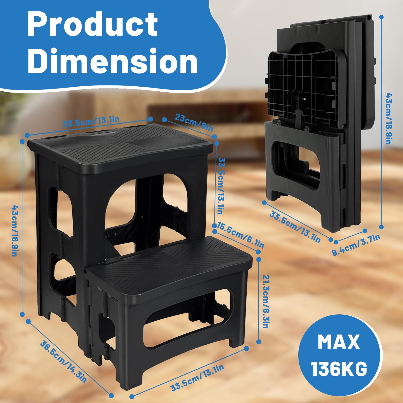 SAILESI Folding 2 Step Stool, Portable Collapsible Step Stool for Adults and Kids, Non-Slip 2 Step Ladder Supports up to 300lbs, Lightweight Foldable Footstool for Home Kitchen Bathroom Toilet Office