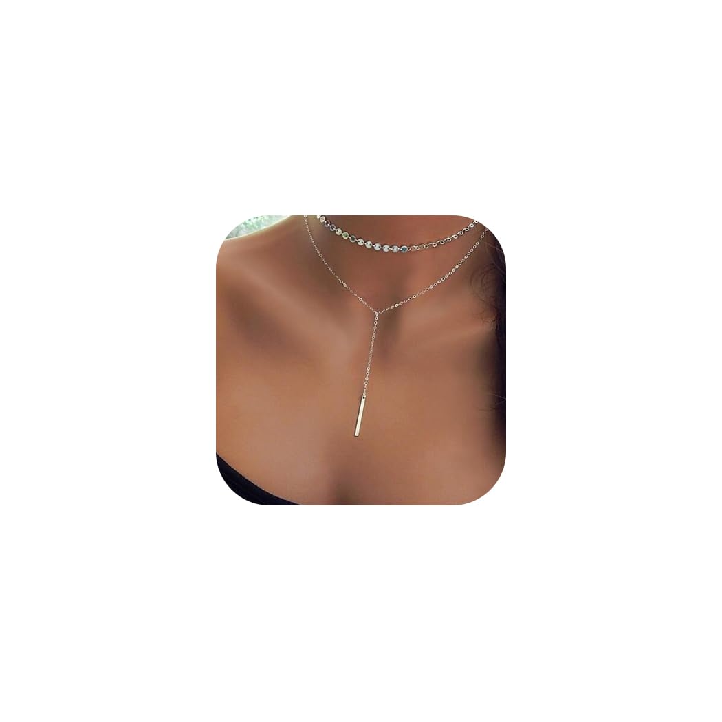 Jovono Boho Choker Necklaces Silver Bar Pendant Necklace Layered Sequin Necklace Chain for Women(Set B)