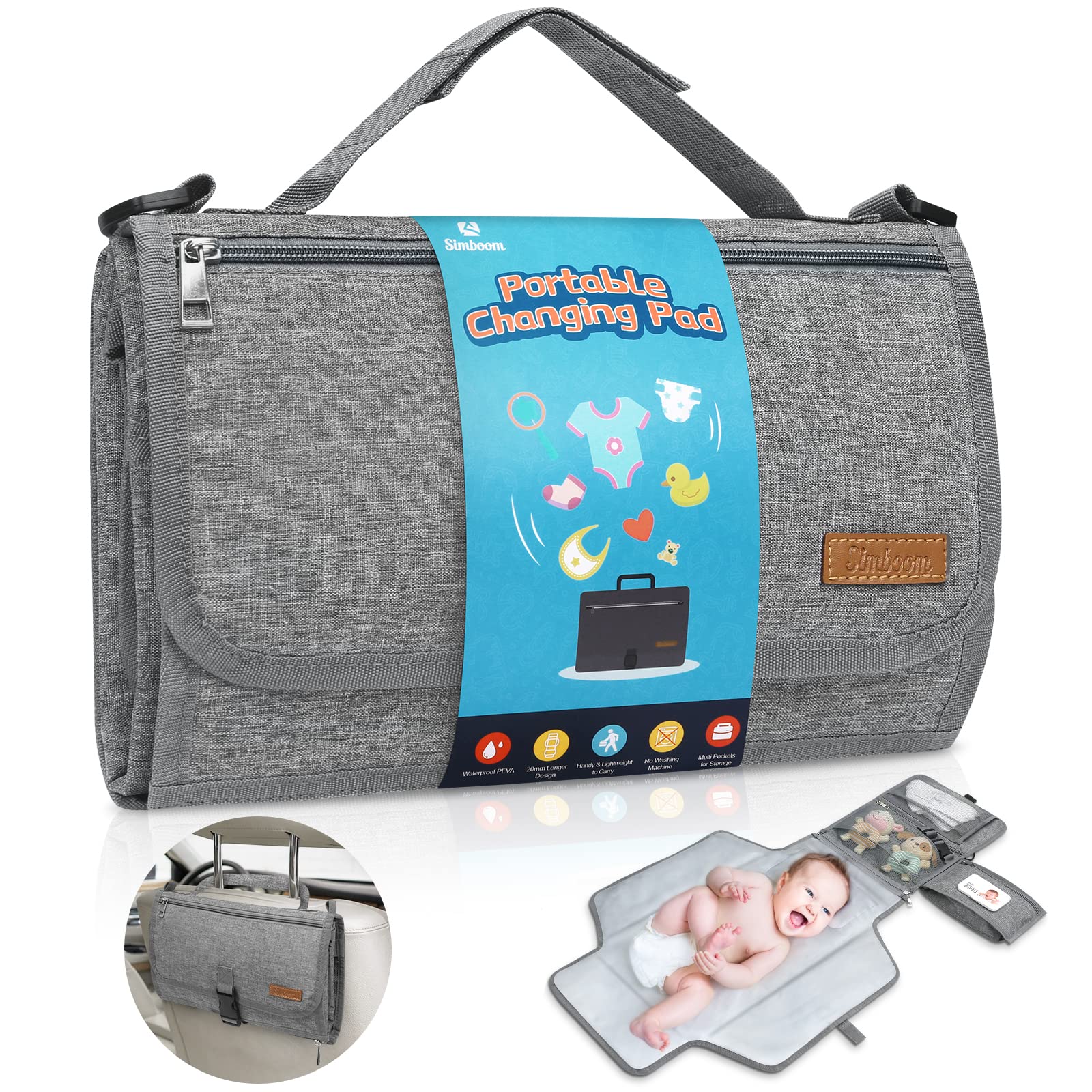 SIMBOOM Portable Changing Pad, Foldable Baby Diaper Changing Mat for Travel with Wipes Pocket and Built-in Head Cushion