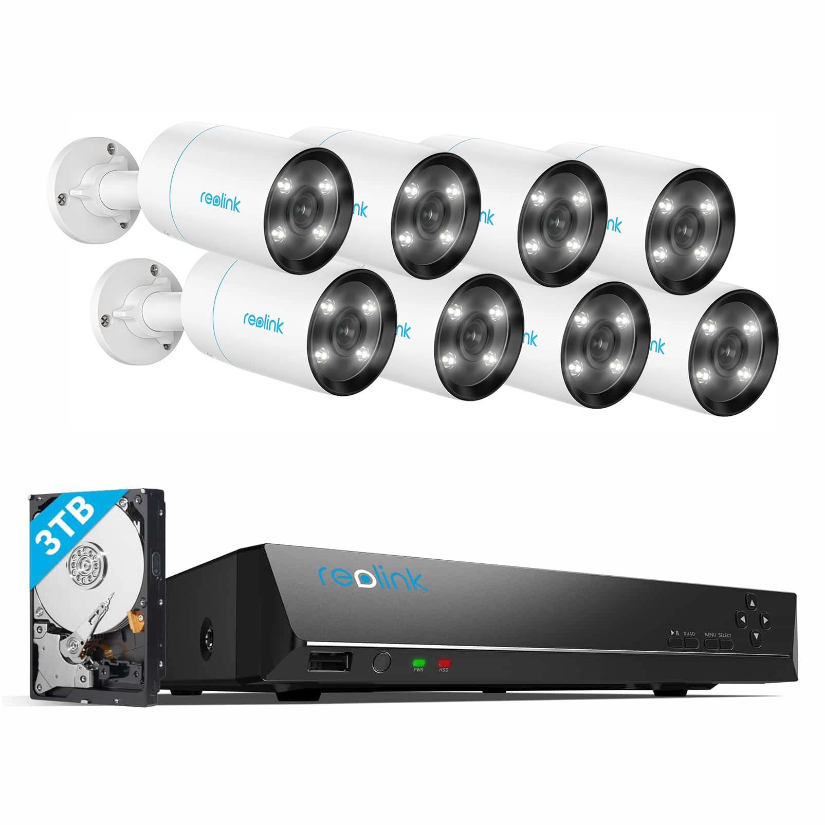 REOLINK 4K Security Camera System, 8pcs H.265 PoE Security Cameras Wired with Person/Vehicle Detection, Two-Way Talk, Spotlights, 8MP 16CH NVR with 3TB HDD for 24-7 Recording, RLK16-812B8-A (Renewed)