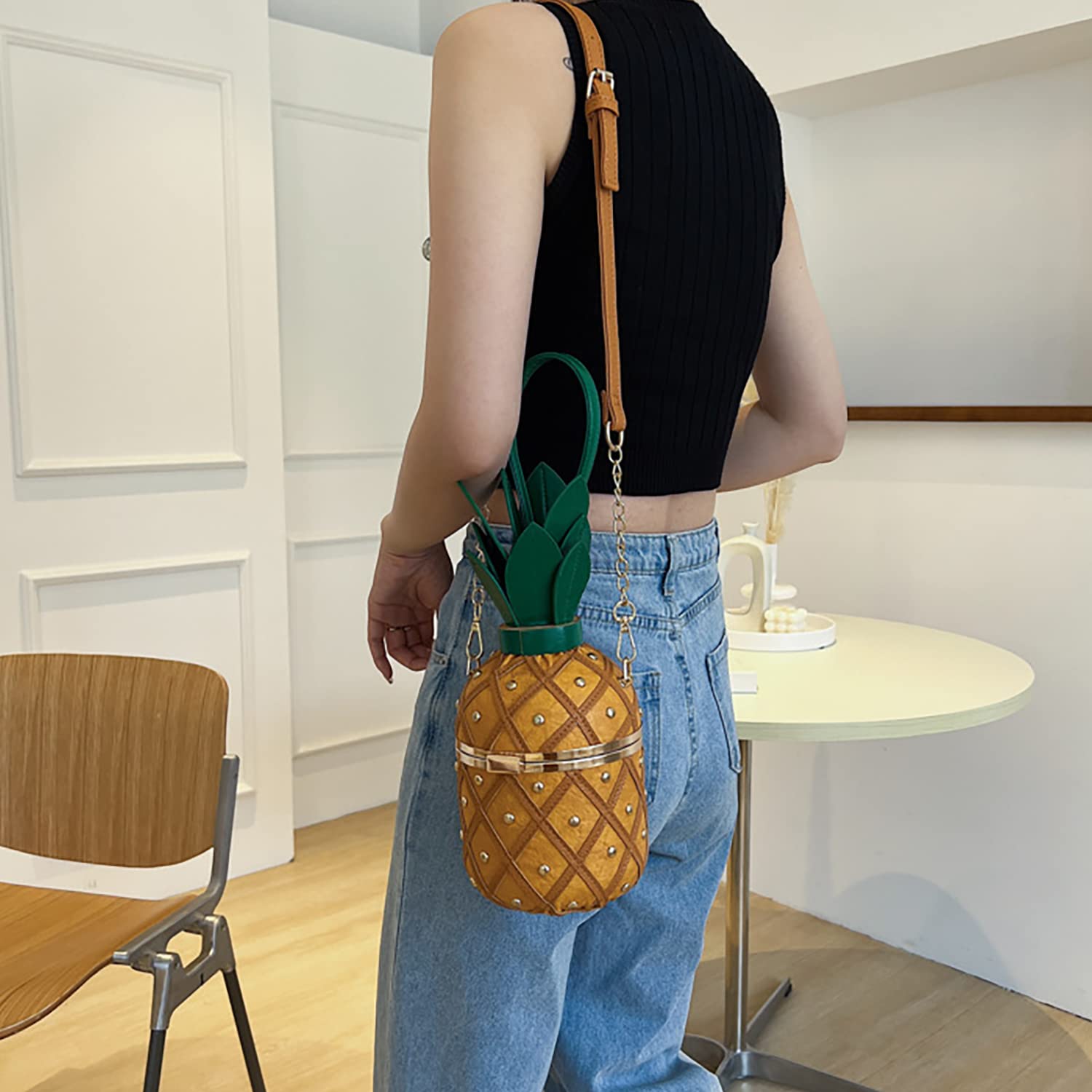 OXYPLAY 3D Pineapple Bucket Purse for Women,Trendy Chain Messenger Crossbody Bag with Rivet, Tropical Hawaiian Party Shoulder Handbag (Yellow)