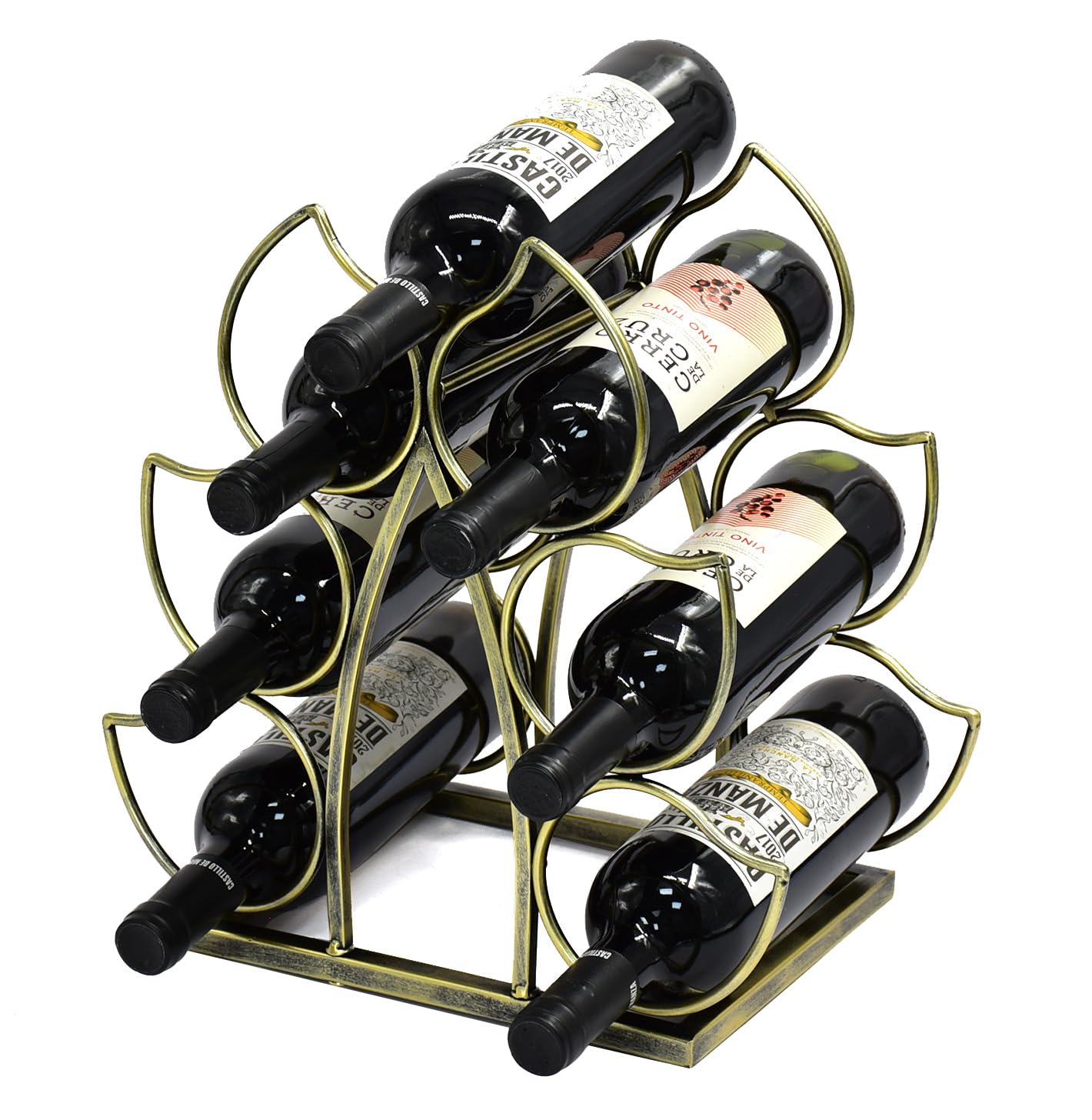 LushAccents Countertop Wine Rack - 7 Bottle Freestanding Modern Silver Metal Small Wine Rack - 3 Tier Tabletop Wine Holder Stand for Countertop, Pantry, Cabinet, Wine Bottle Storage