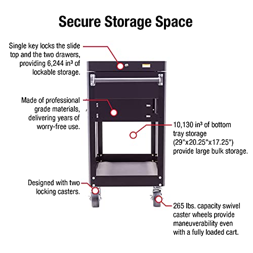 Sunex 8035 Black Compact Slide Utility Cart, Locking Slide Top, Swivel/Locking Casters, 18 Gauge Steel, Latching Drawers, 450-Pound Capacity