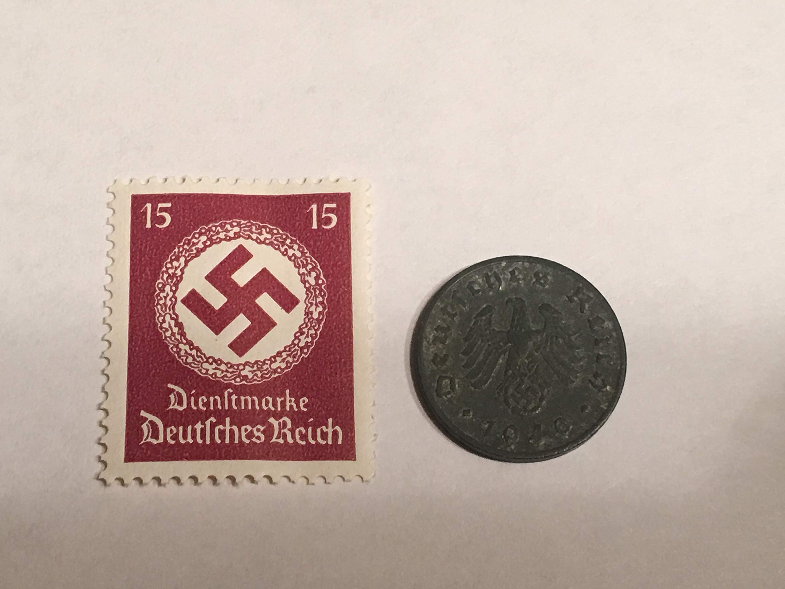 Rare Nazi Swastika 1 Reichspfennig German Coin World War 2 WW2 with Scarce Swastika Stamp(Random Color and Value) MNH