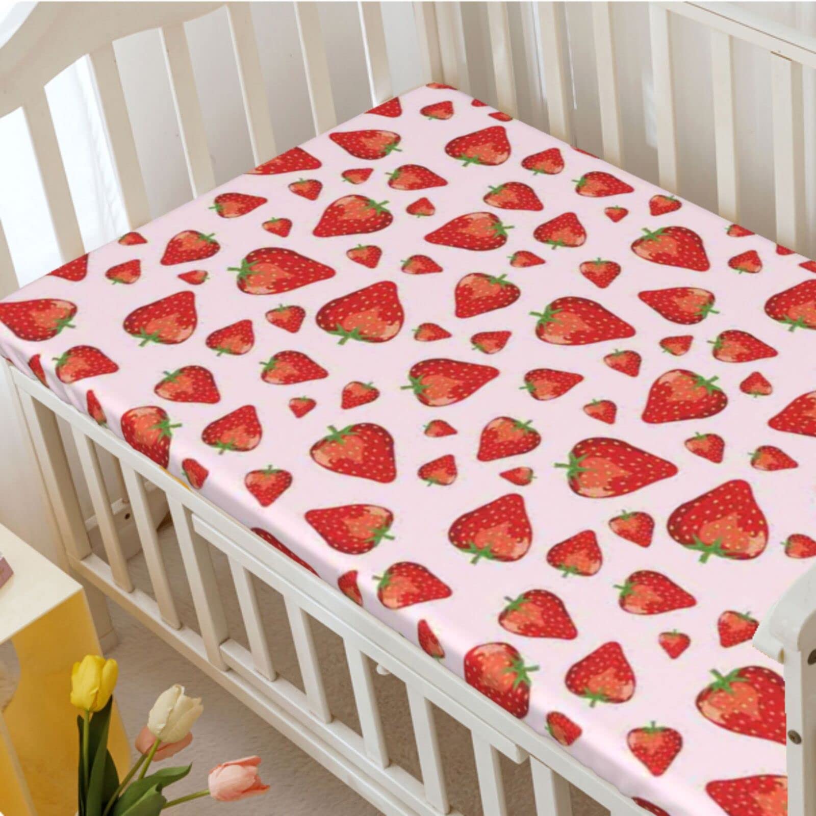 Strawberry Themed Fitted Crib Sheet,Standard Crib Mattress Fitted Sheet Polyester Toddler Bed Mattress Sheets-Crib Mattress Sheet or Toddler Bed Sheet,28“ x52“,Lime Green Vermilion Rose