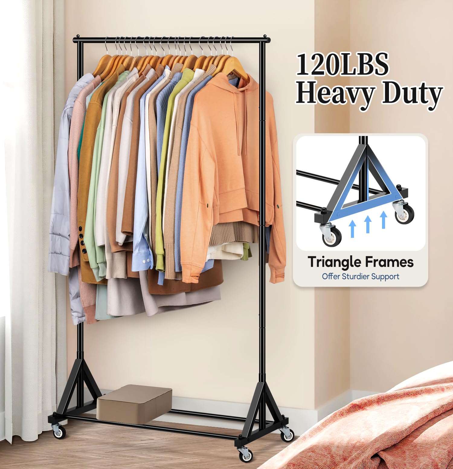 SLEEPING LAMB Heavy Duty Clothes Rack, Rolling Clothing Racks for Hanging Clothes Metal Garment Rack With Wheels, Clothes Hanger Rack for Coats, Shirts, Sweaters Wardrobe Rack (Black)