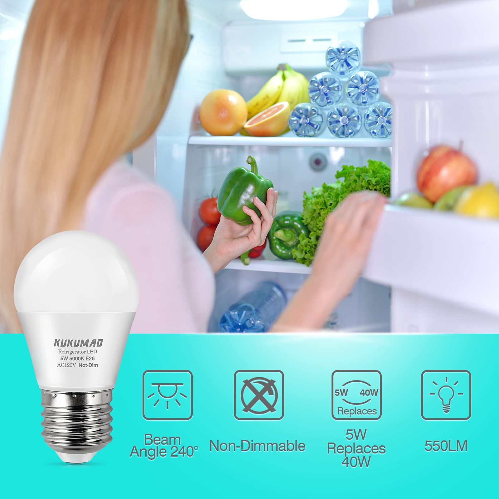 KUKUMAO LED Refrigerator Light Bulb 40W Equivalent 5 W Daylight White 5000K Fridge Waterproof Bulbs 120V A15 E26 Medium Base Freezer Ceiling Home Lighting Lamp Non-dimmable(2 Pack)