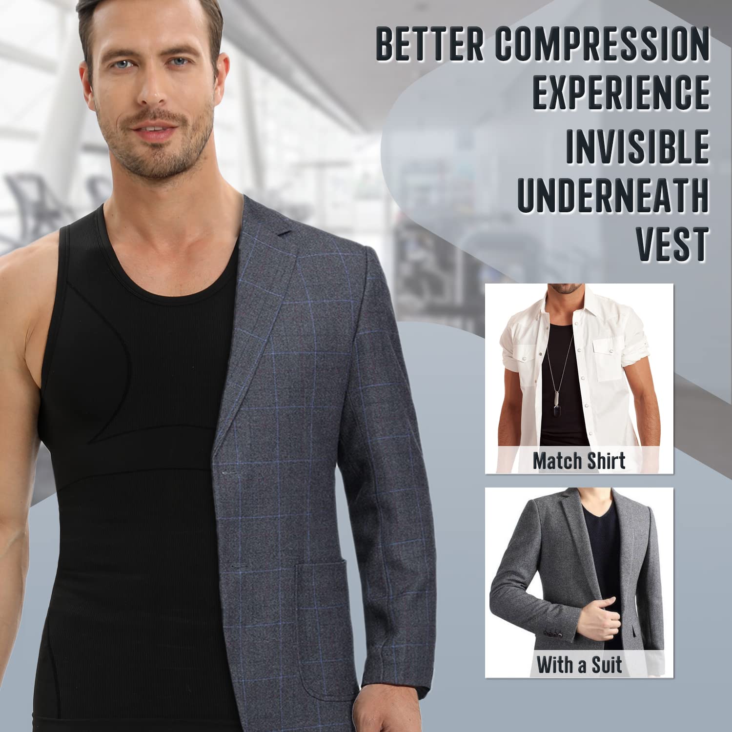 PODFAN Gynecomastia Compression Shirt for Men, Slimming Tank Top Undershirts, Mens Body Shaper Vest(Black,Large)