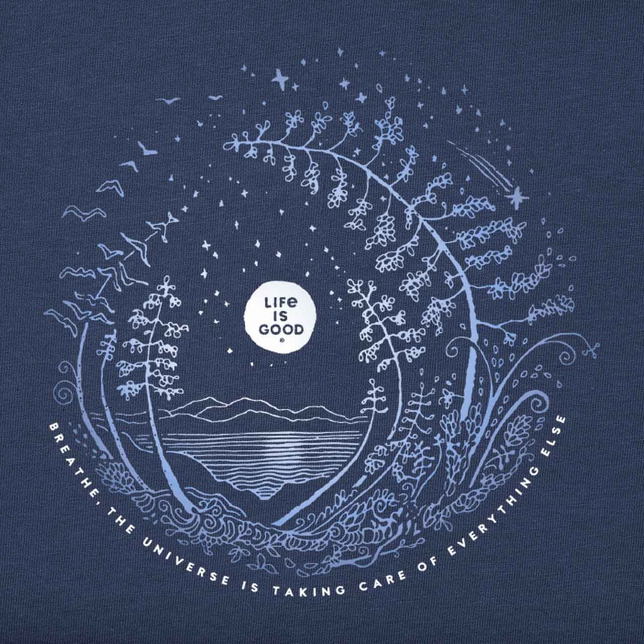 Life is Good. Women's Breathe Moon Evergreen Fern Crusher Tee, Darkest Blue, Large