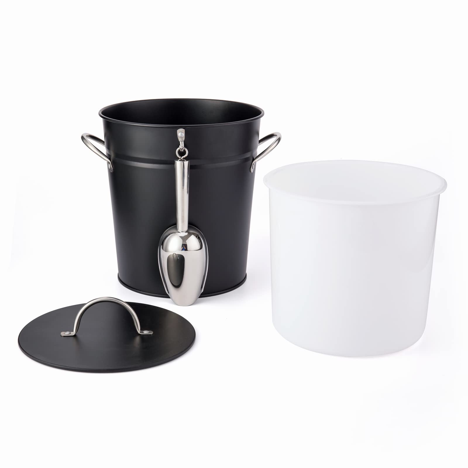 Rae Dunn Ice Bucket with Scoop - Stainless Steel Bucket with Handle, Lid and Ice Scooper - 4 Qt. Storage Bin for Ice Cubes for Bars, Parties, Backyard Barbeques, Picnics, and Camping (White)