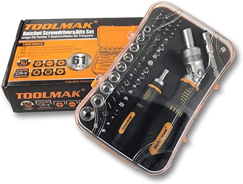 Ratcheting Screwdriver Set TOOLMAK 61pcs Socket Set & Screwdriver Bit Set with Rotatable Ratchet Handles ＆ Storage Case, Household Repair Tool Kits for Bike