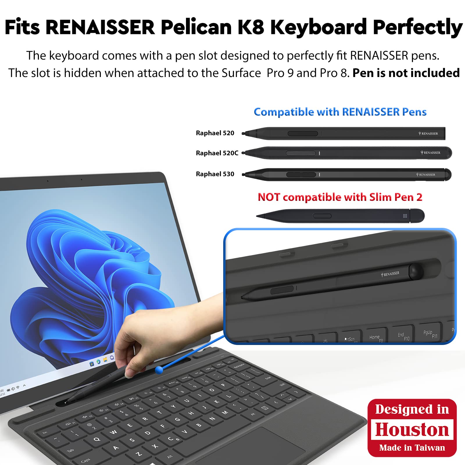 RENAISSER Pelican K8 Keyboard and Raphael 520C Surface Stylus Combo for Surface Pro 9/8/X, Designed in Houston, Hidden Charging Port, Pen Slot Pens, Smart Power Management, Backlight