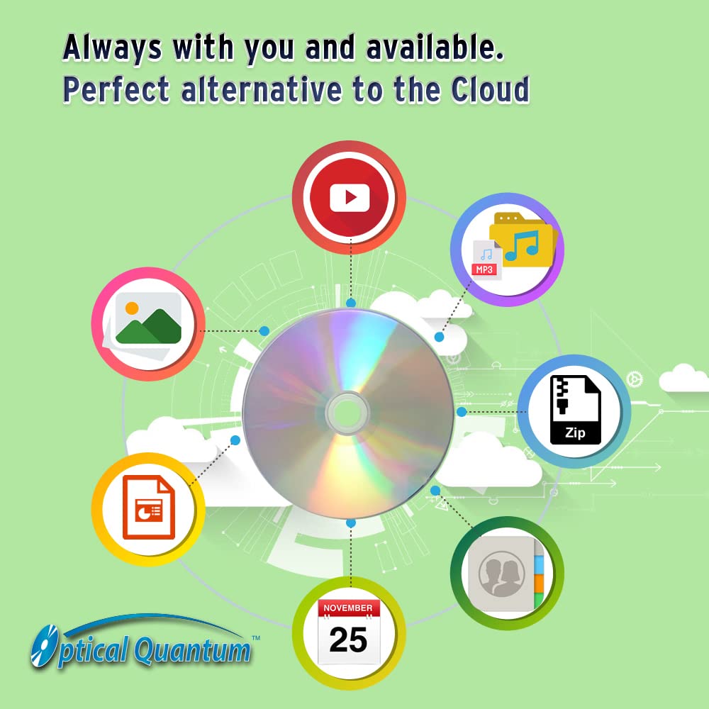 Optical Quantum Blue AZO CD-R 700MB 52X Shiny Silver Blank Recordable Media Disc - 100pk Cake Box, 100 Discs for Music, Data, and Video Recording, Writable Blank CDs